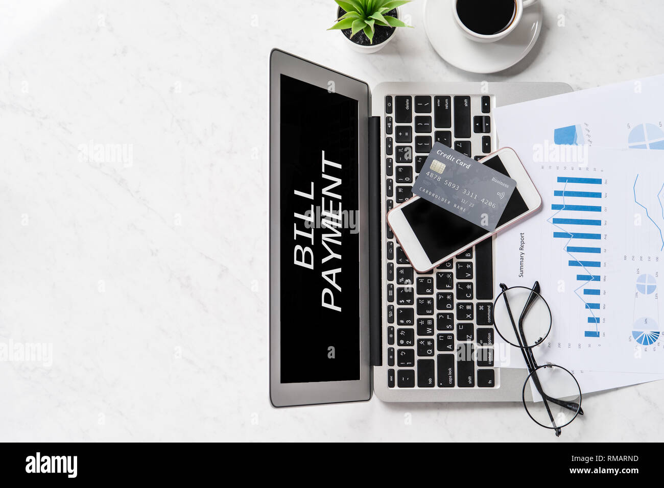 Online purchase concept, mock up card with fashion office desk computer ...