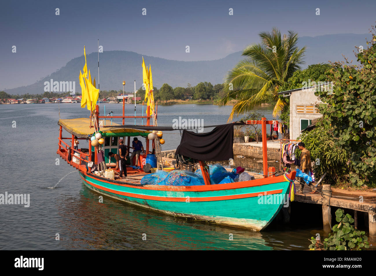 Cambodia, Kampot Province, Kampot, Fish Island, road, fishing boat ...