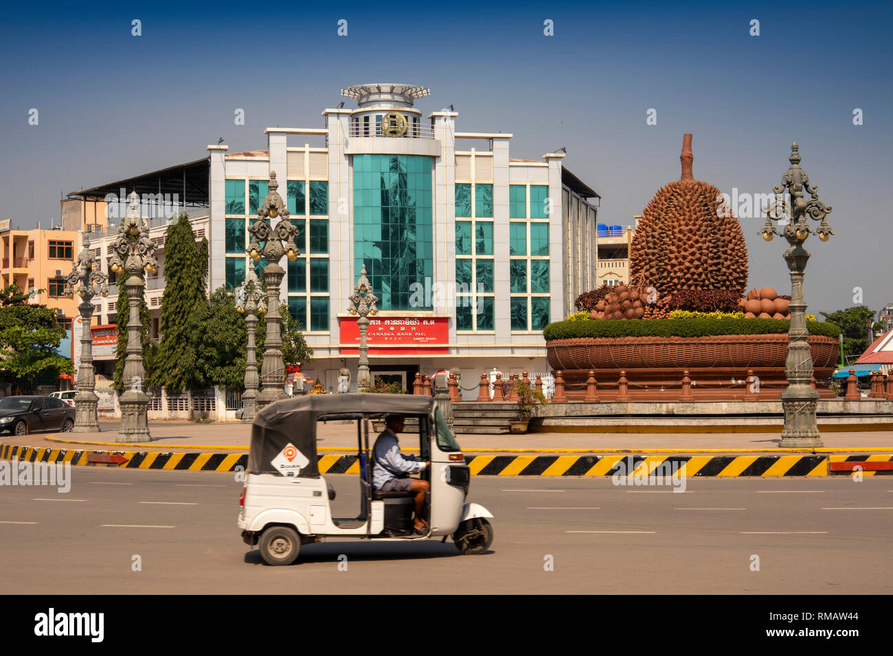Cambodia, Kampot Province, Kampot city, Durian Roundabout, local ...