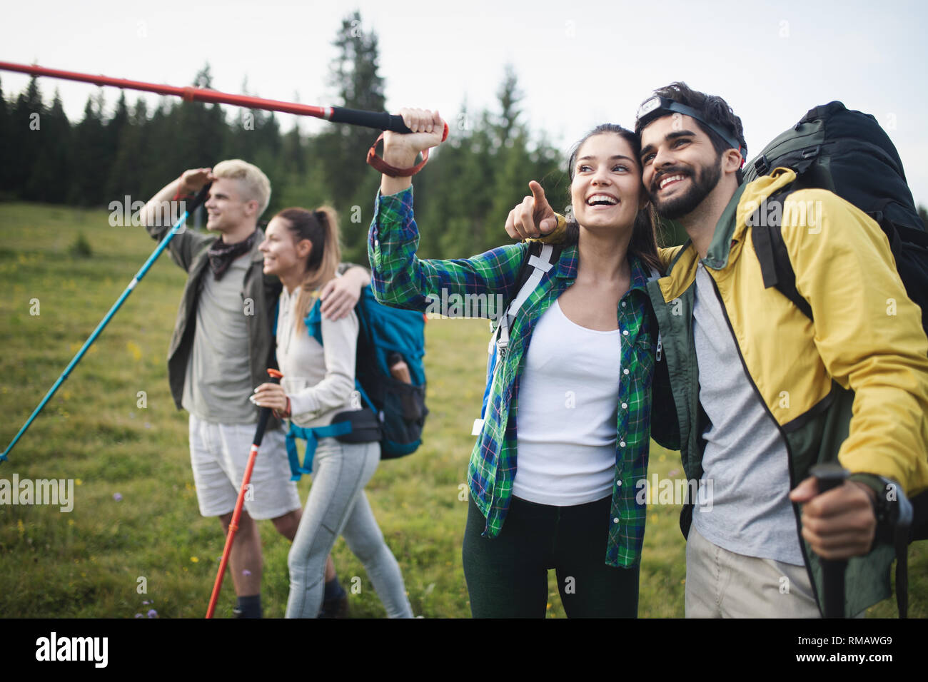 Successful Group of Happy Friends on Mountain Top, Cheering Stock Photo ...