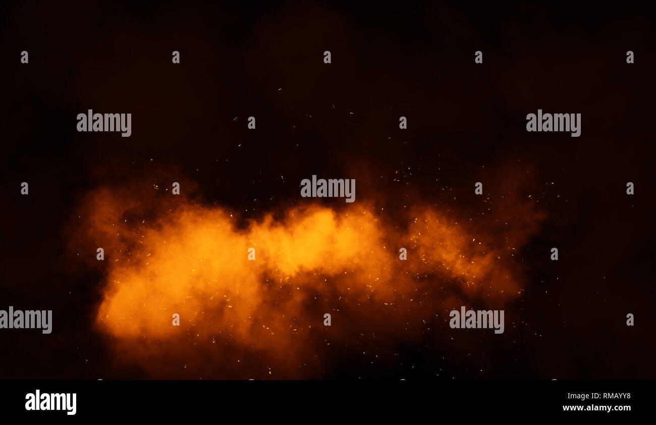 Fire particles debris isolated on black background for text or space ...