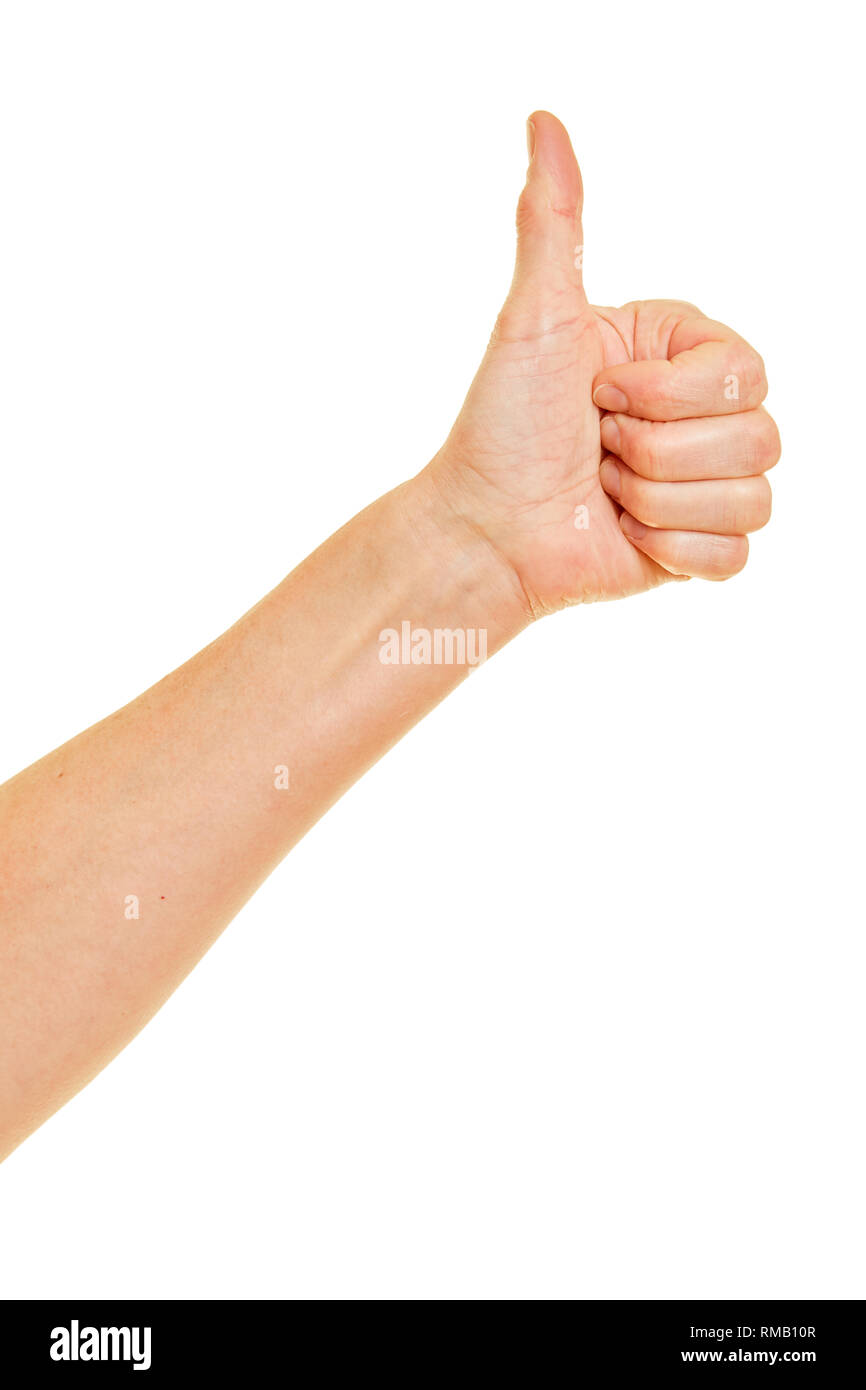 Successful hand of a woman holds the thumb up Stock Photo - Alamy