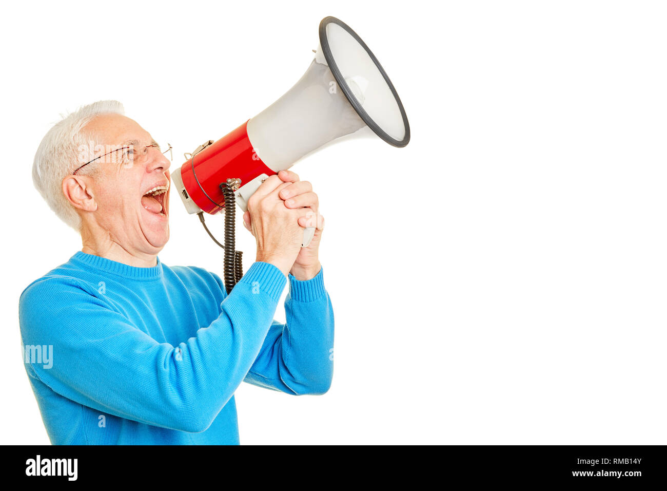 Senior calls out loud in a megaphone for better communication Stock ... Senior calls out loud in a megaphone for better communication Stock ...