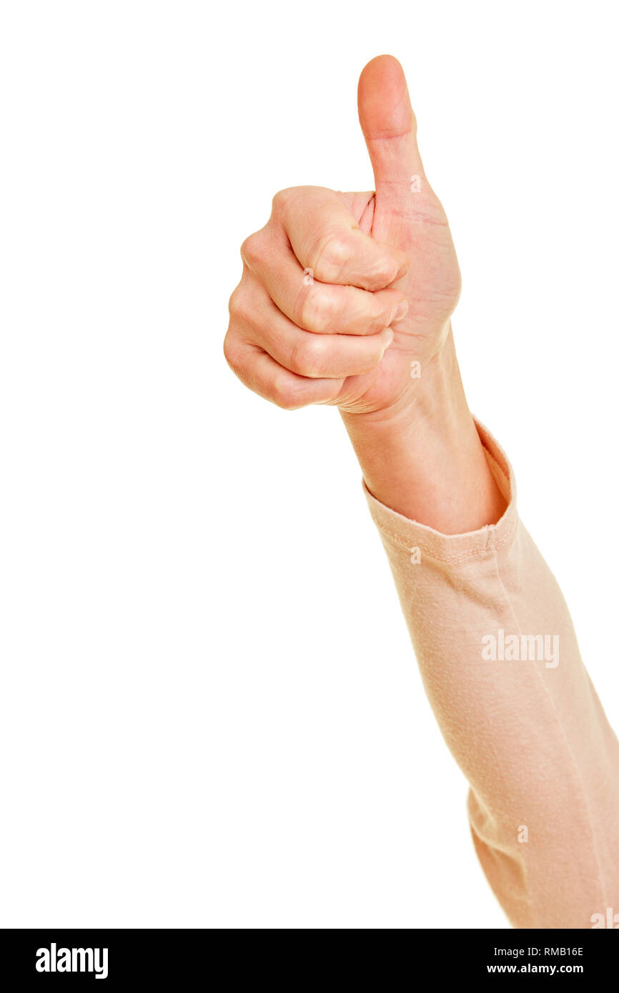 Woman holds thumbs up on outstretched arm Stock Photo - Alamy