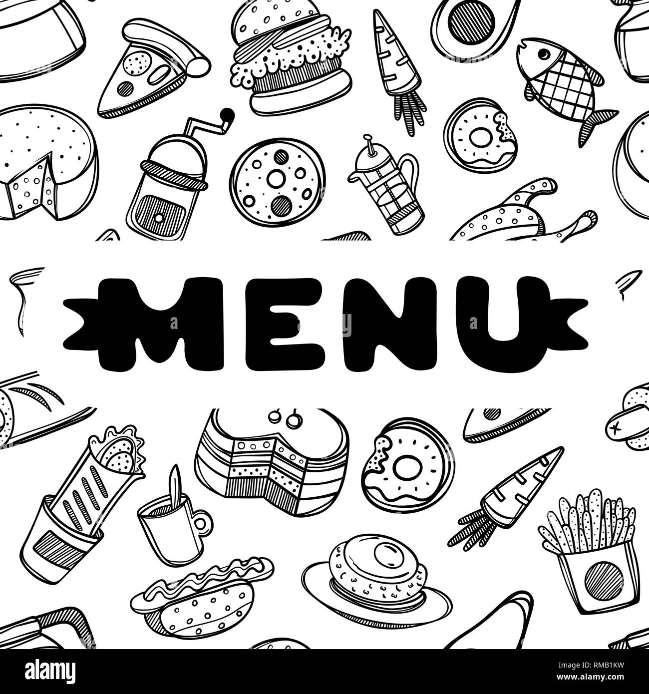 Hand drawn menu for cafe with food. Sketch concept illustration. Linear ...