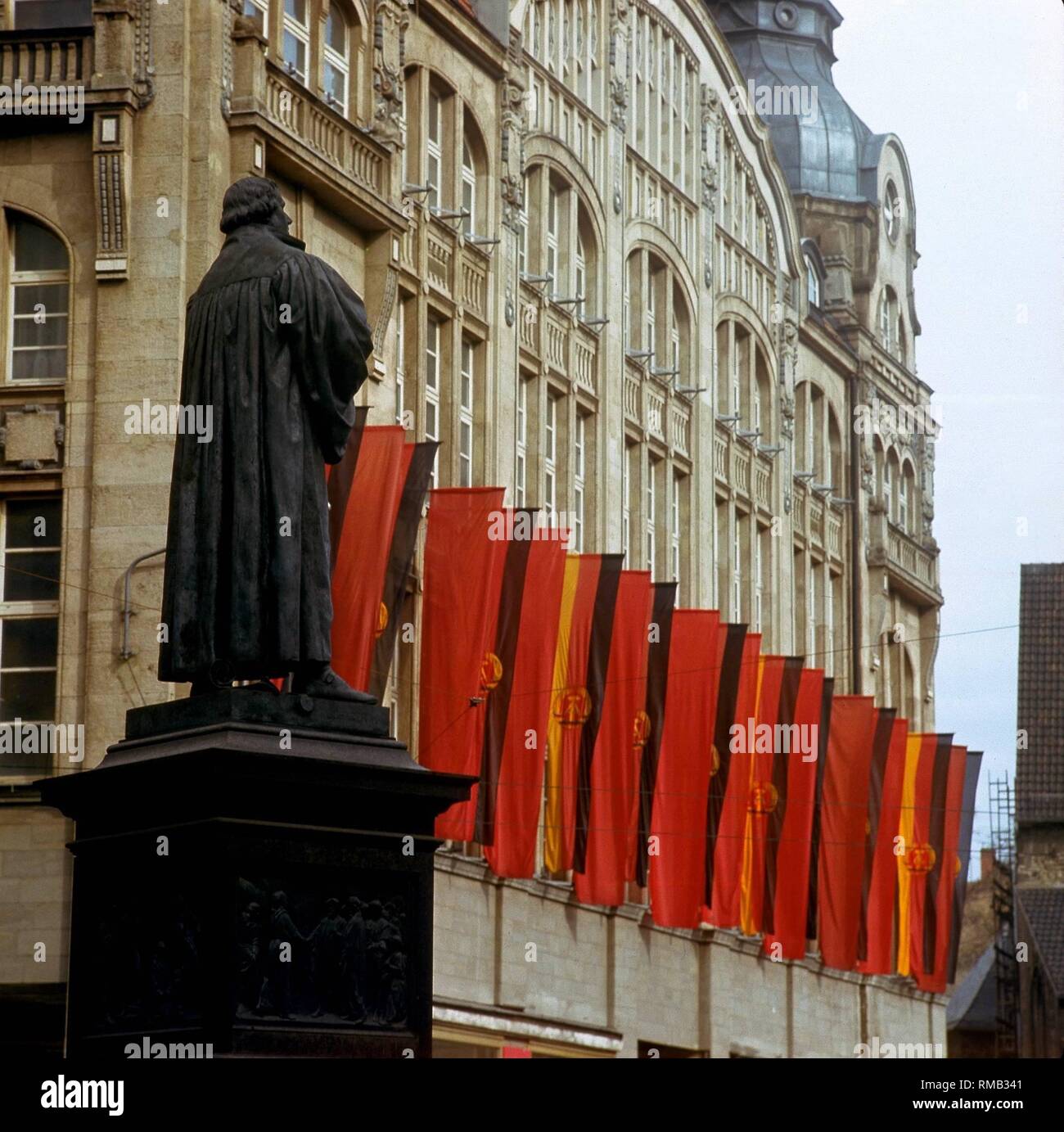 The Luther monument on Anger and flags at the department store "Centrum ...