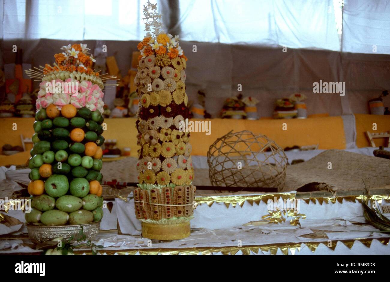 Offerings, consisting of flowers and fruit, for a temple festival Stock ...