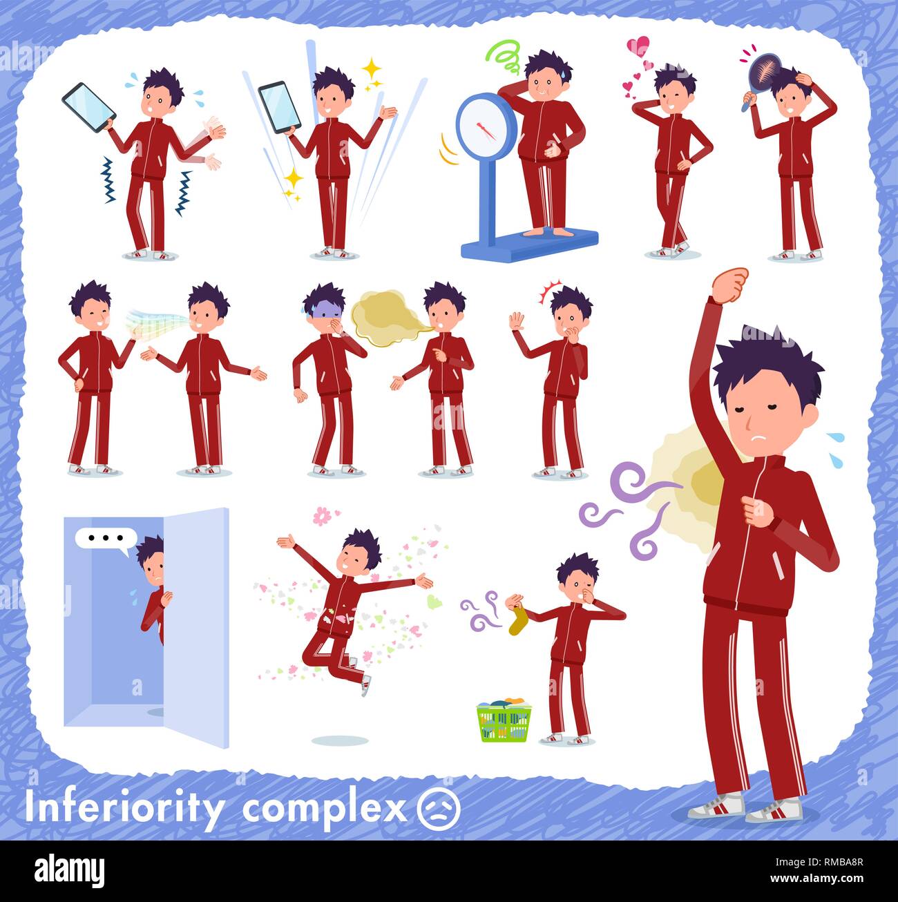 A set of school boy in sportswear on inferiority complex.There are ...