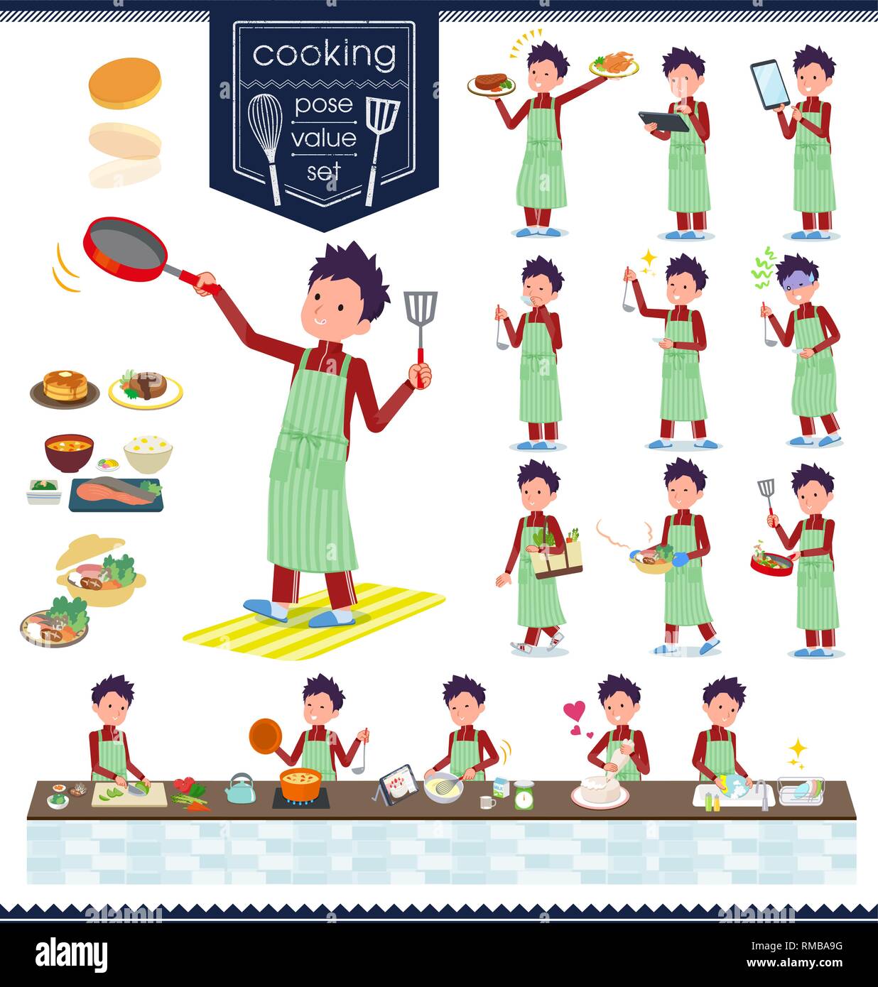 A set of school boy in sportswear about cooking.There are actions that ...