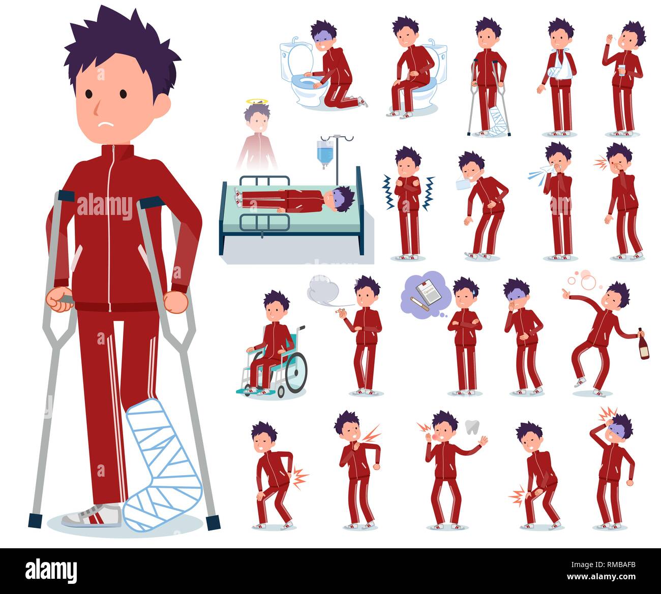 A set of school boy in sportswear with injury and illness.There are ...