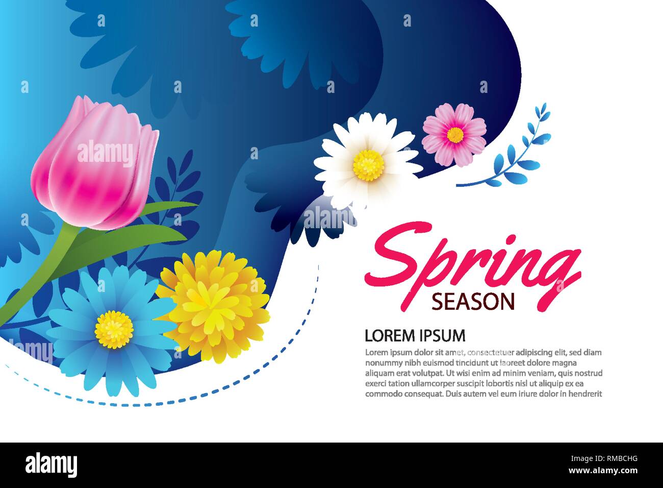 Hello spring greeting card and invitation with blooming flowers background template. Design for ...