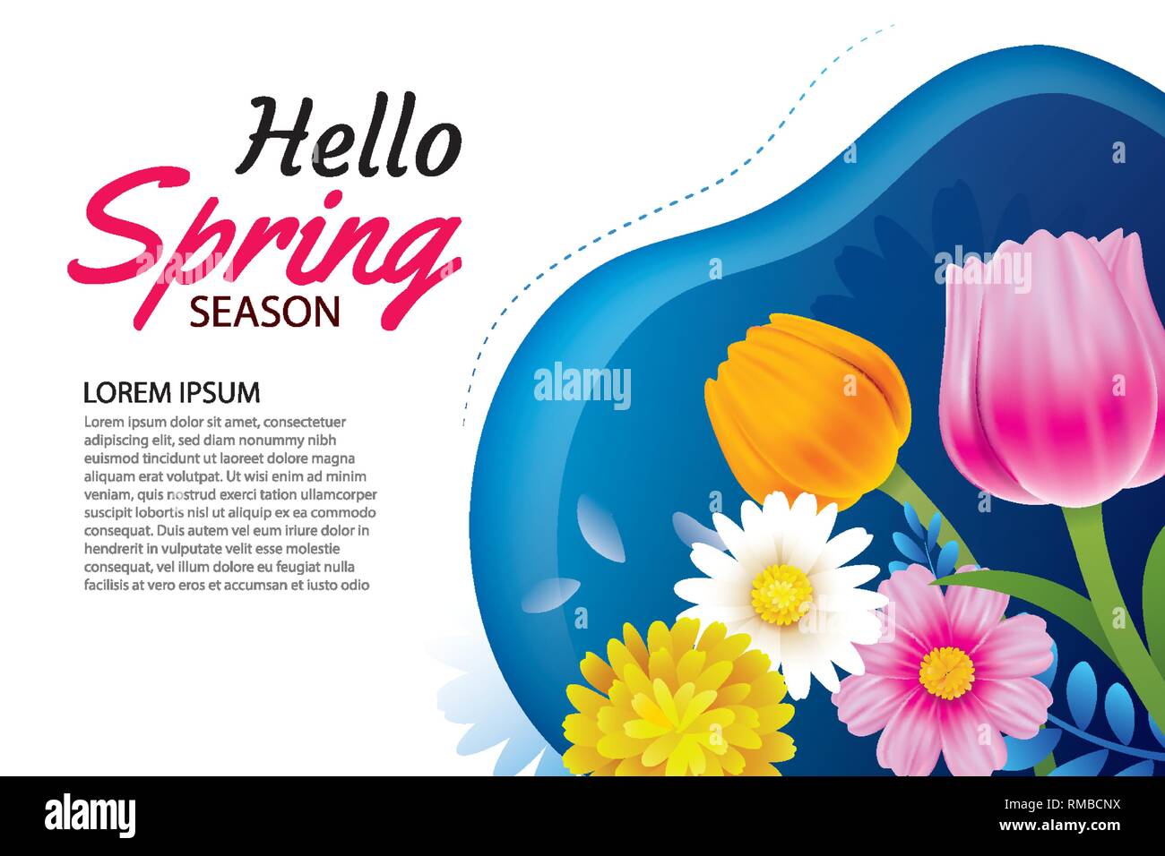 Hello spring greeting card and invitation with blooming flowers ...