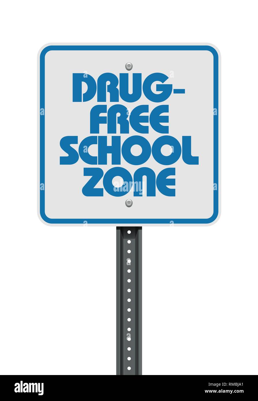 Vector illustration of the Drug Free School Zone white and blue sign ...