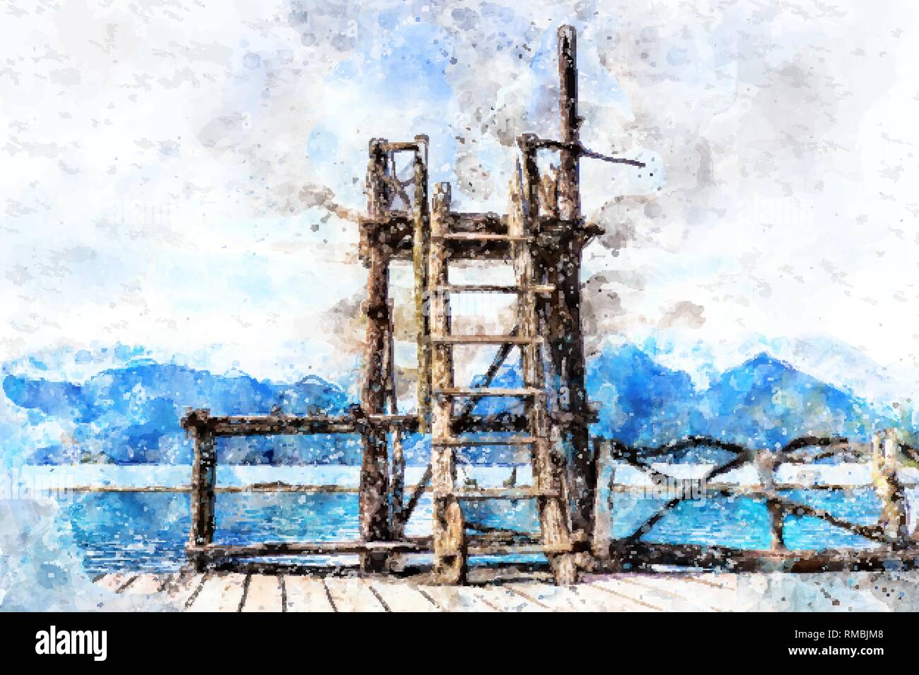 Wooden high diving platform, in watercolor art of vector Stock Vector ...