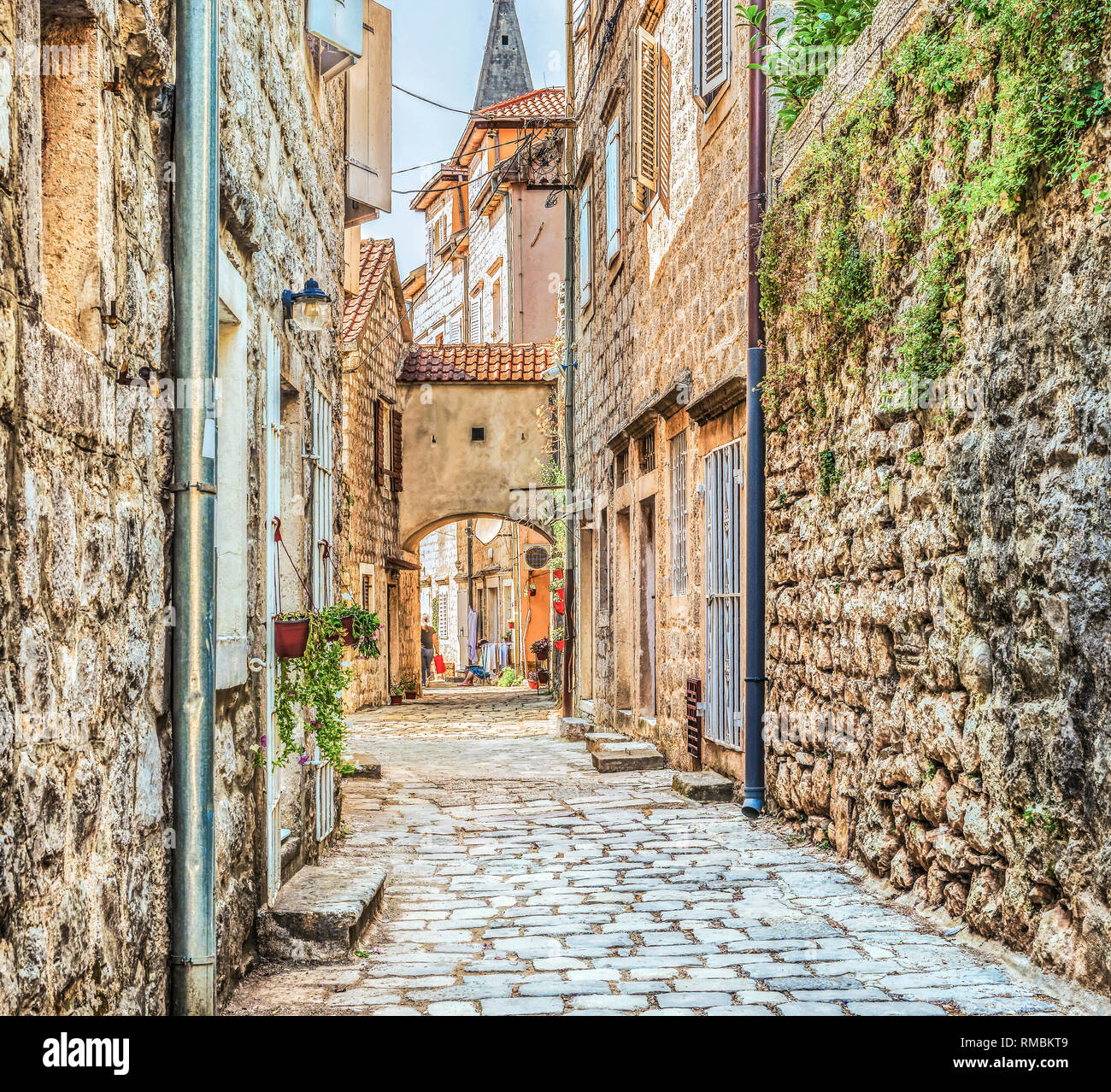Street of the old city of Perast in Kotor Bay, Montenegro. The old part ...