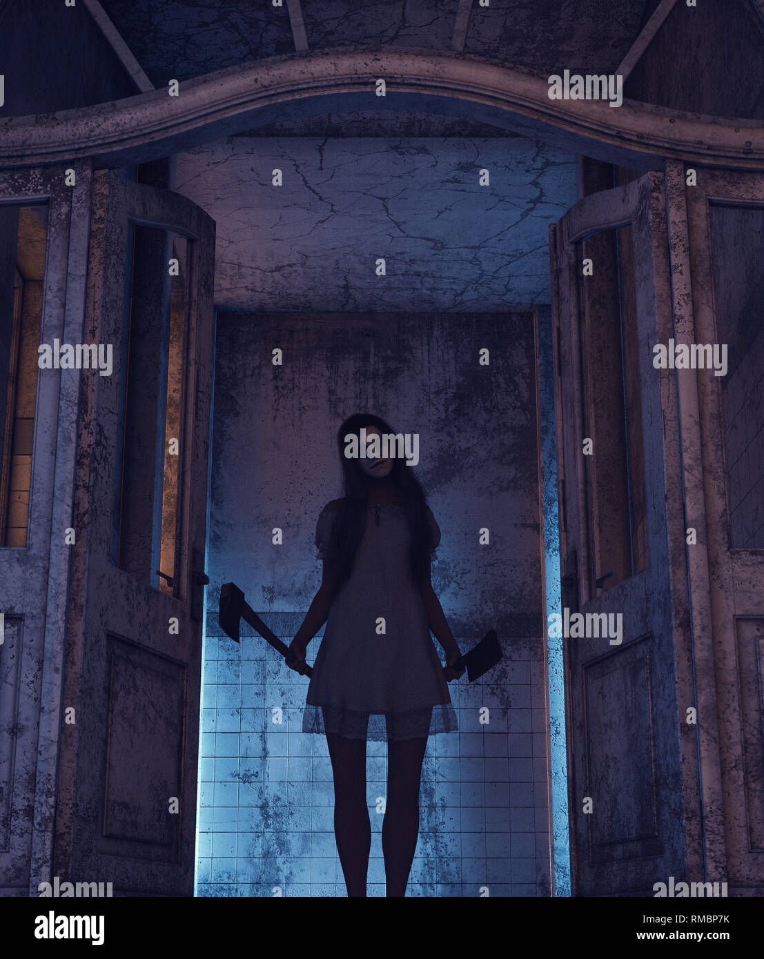 Sister of horror,Portrait of a killer woman with hatchet and cleaver,3d ...