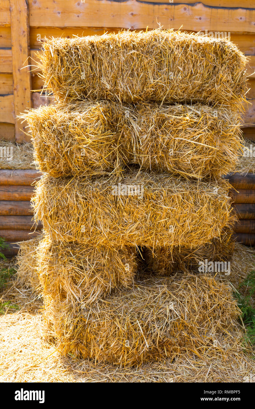 Dry baled hay stack, rural countryside background Stock Photo - Alamy