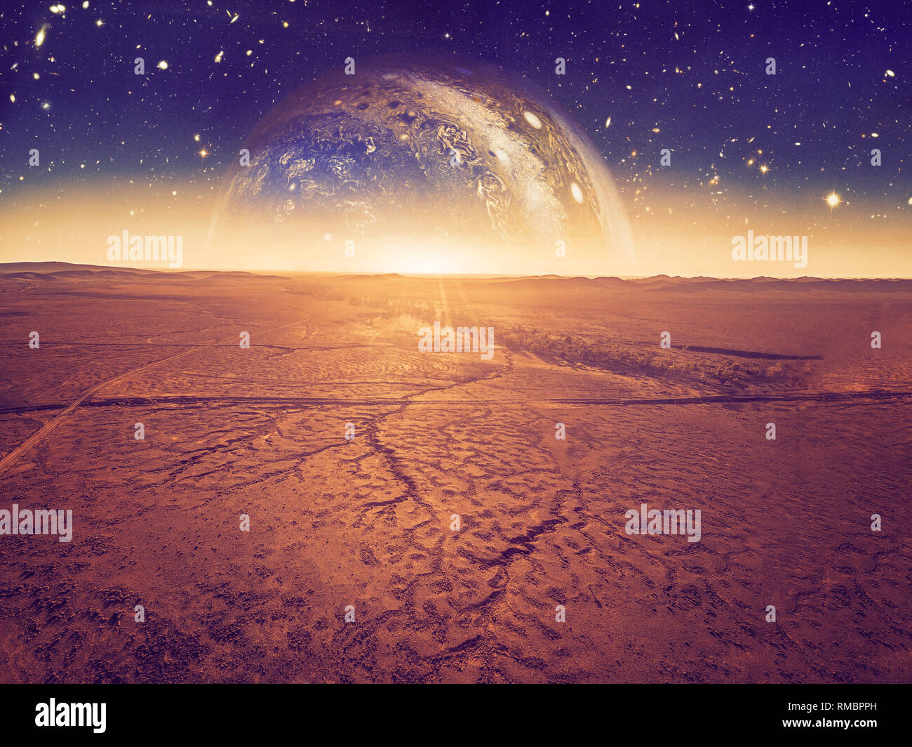 Alien landscape - planet rising over dry cracked desert land. Elements ...