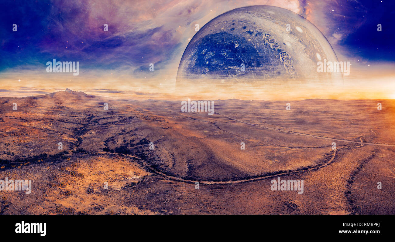 Alien fantasy panoramic landscape - unreal planet rising over desert ...