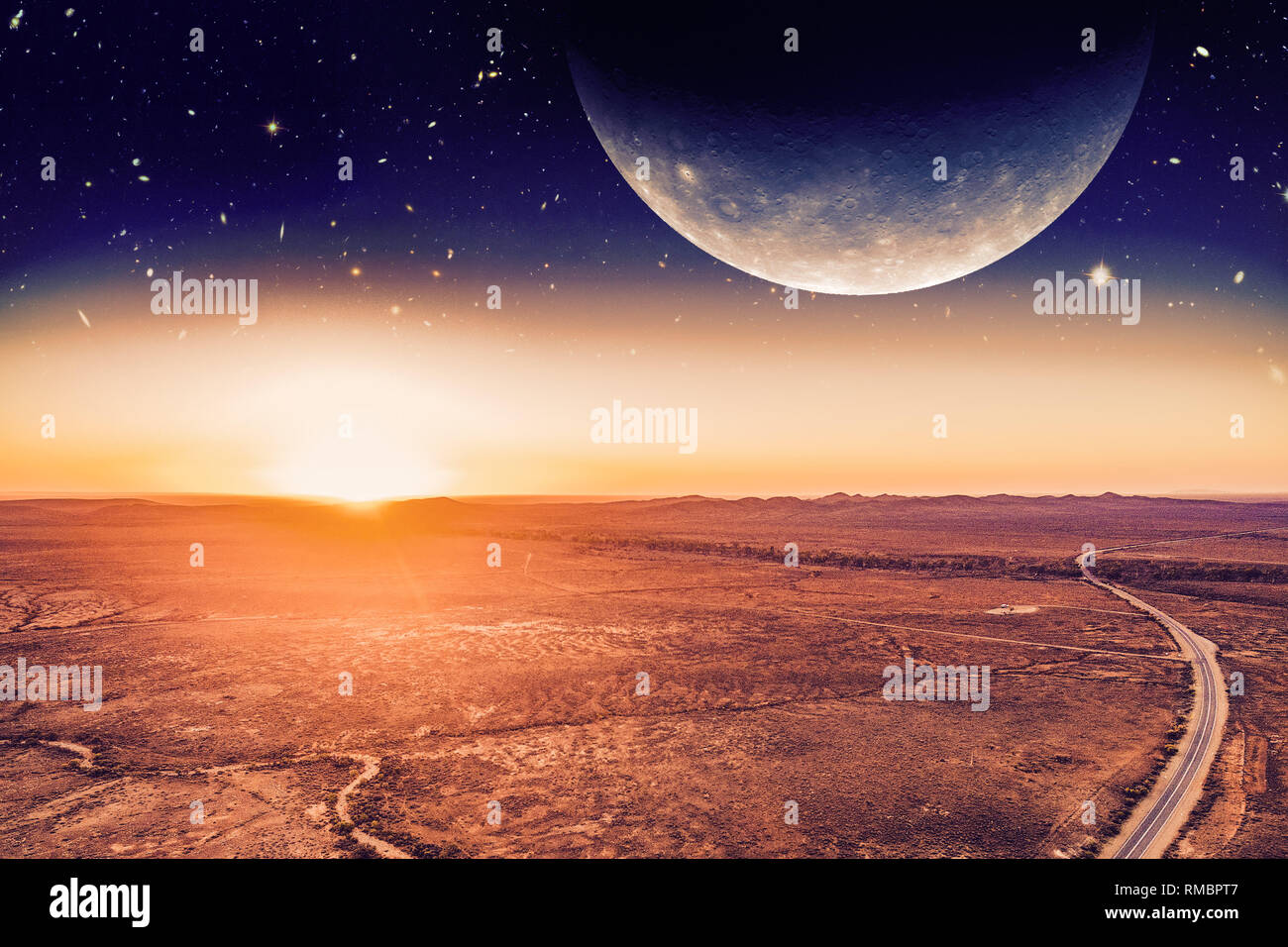 Unreal alien panoramic landscape - planet rising over desert and road ...