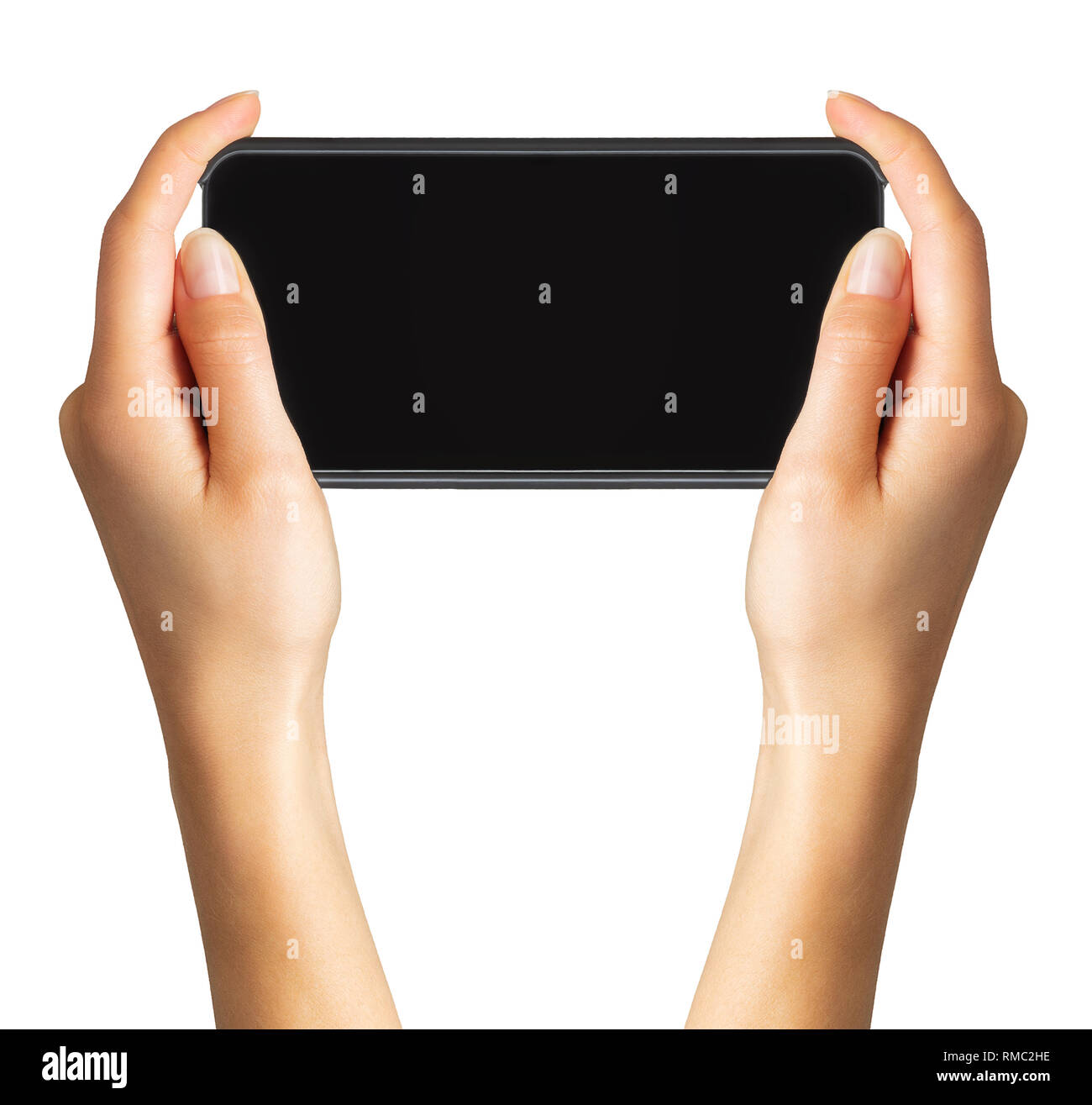 Women's hand showing black smartphone, concept of taking photo or ...