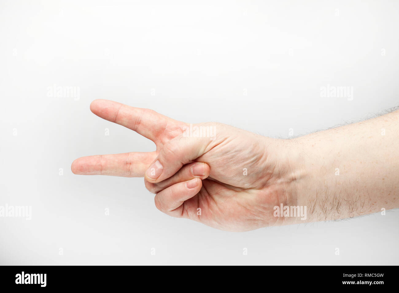 Male hand in the victory, peace pose, isolated on the white background ...