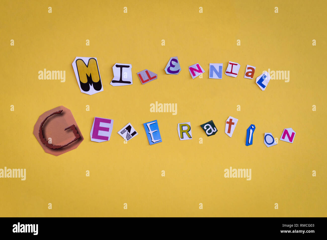 Words Millennial Generation formed with chaotic cut out letters ...