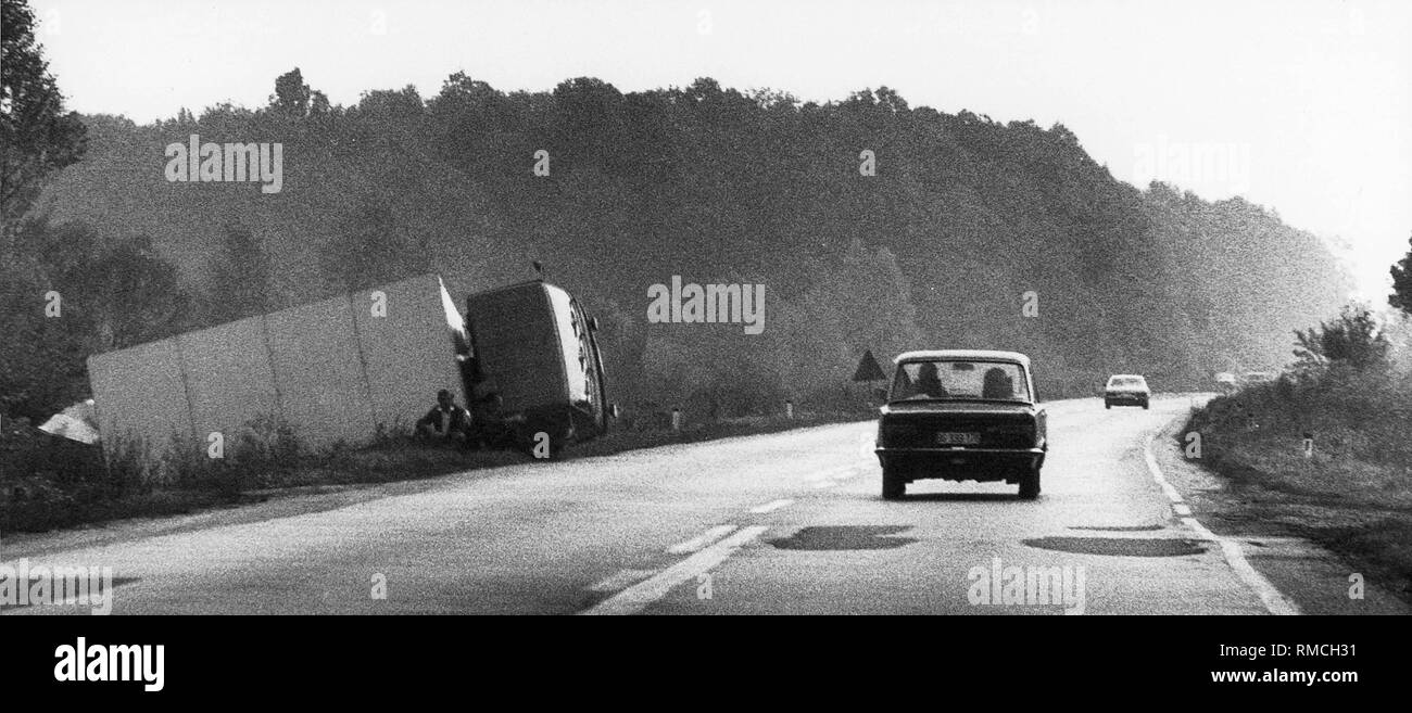 Yugoslavia, traffic on the autoput, accident damaged vehicles line the ...