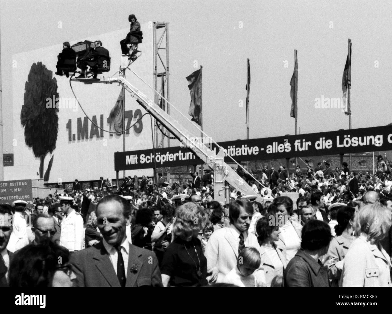 Protest march with banners, flags and banderoles on May 1, 1973 in ...
