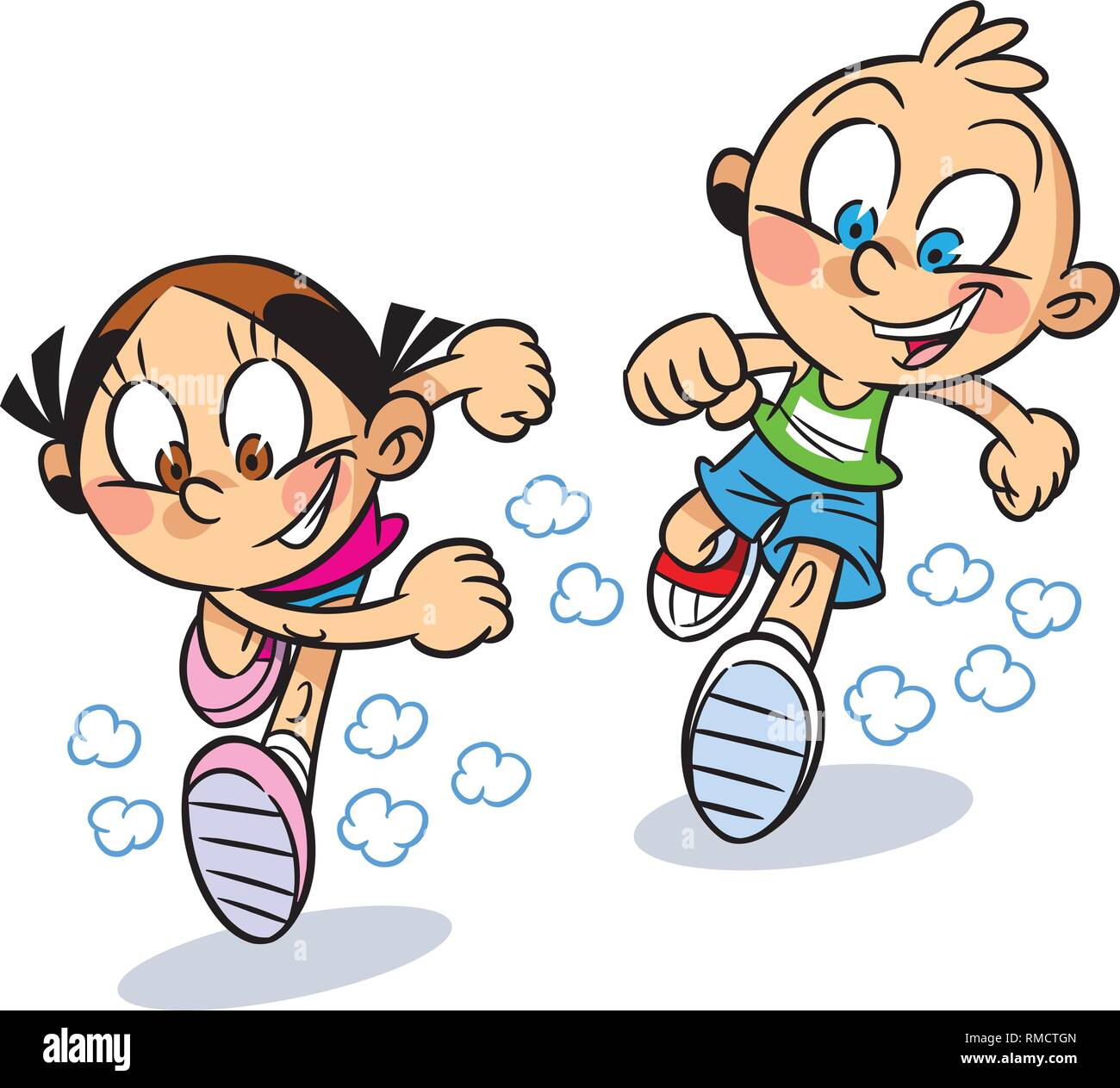 The illustration shows a boy and girl who run forward, isolated on ...
