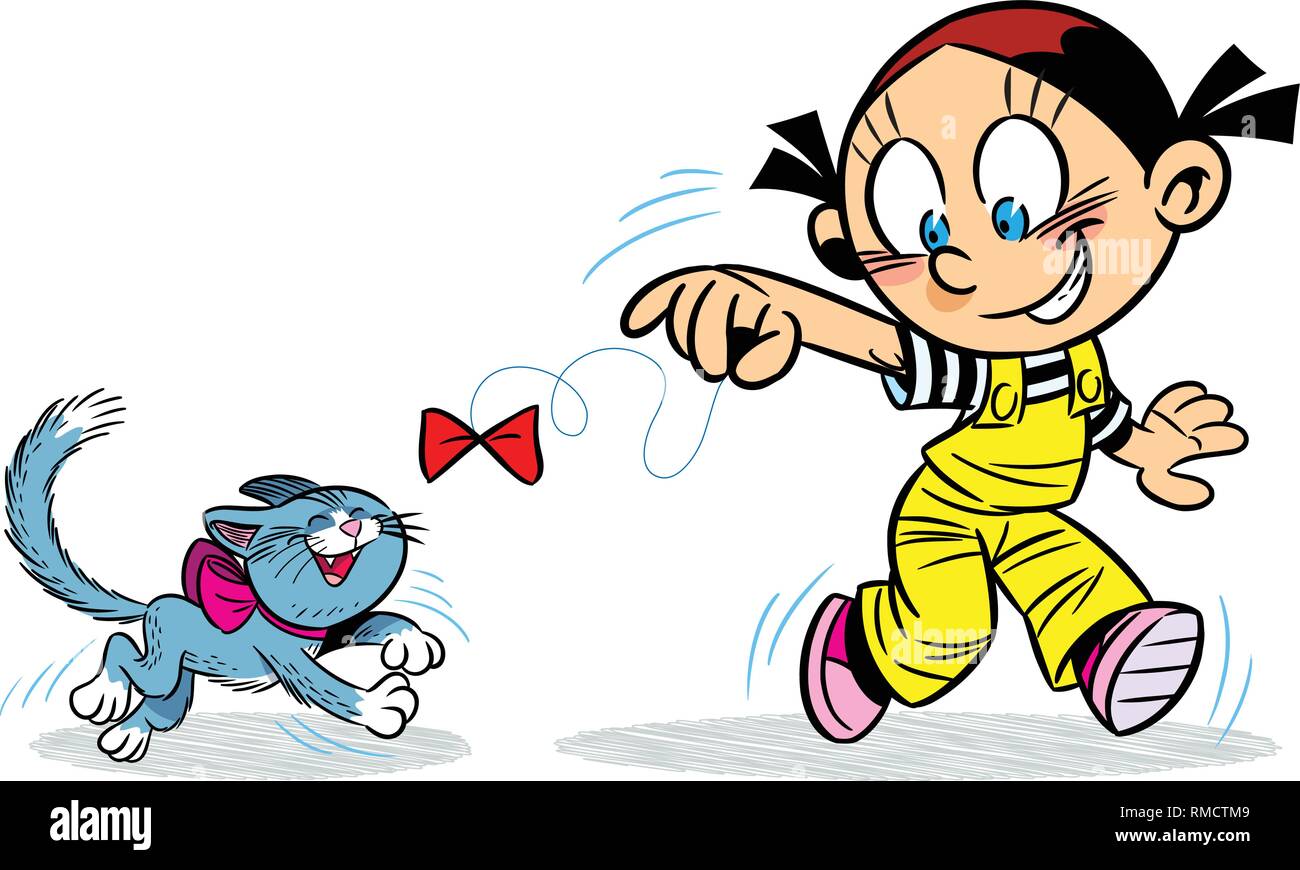 The illustration shows a cheerful little girl with a cat. They play ...