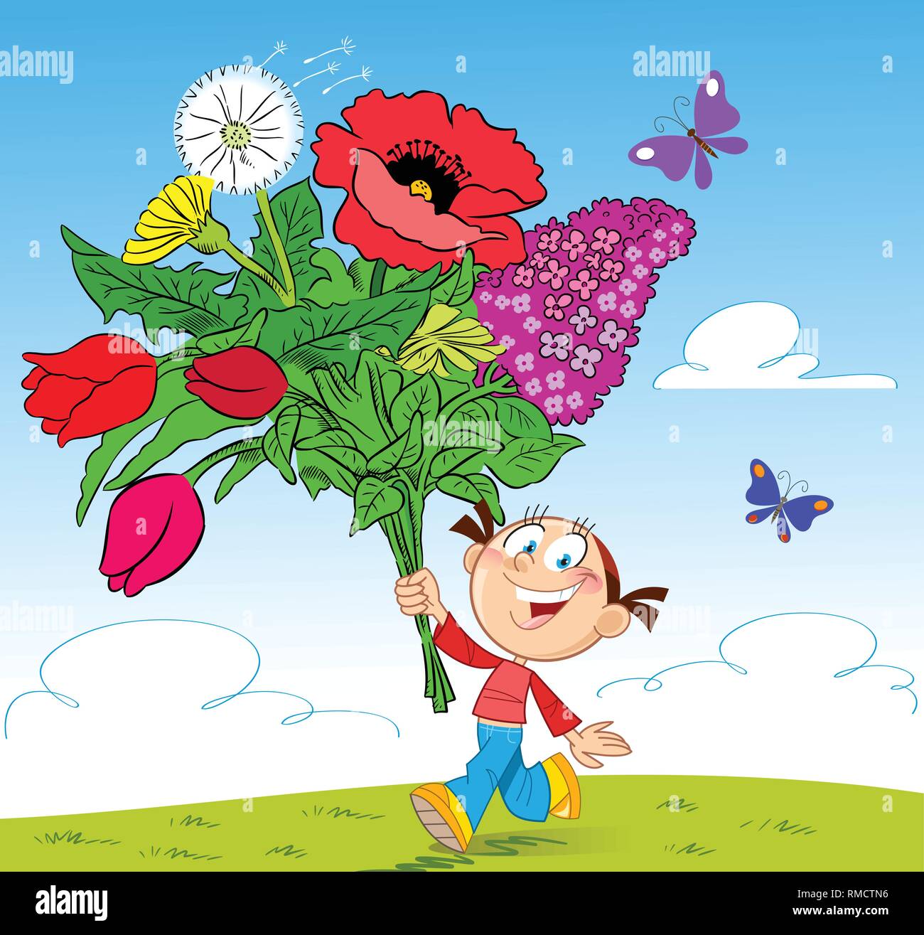 The illustration shows a cheerful girl. She runs across the grass with ...