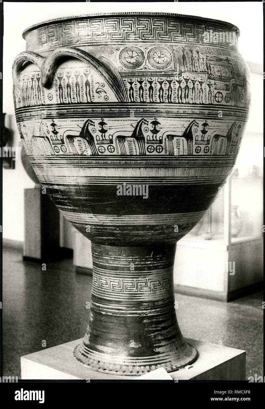 Greece, antique vase painting 750-735 BC. Here is depicted a procession ...