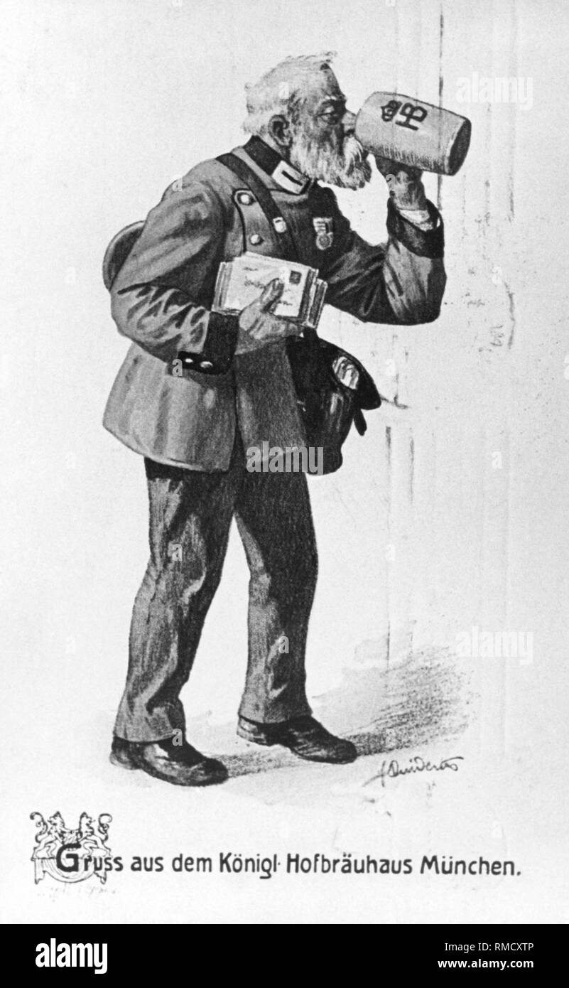 The old postcard from Munich shows a postman drinking from a ...