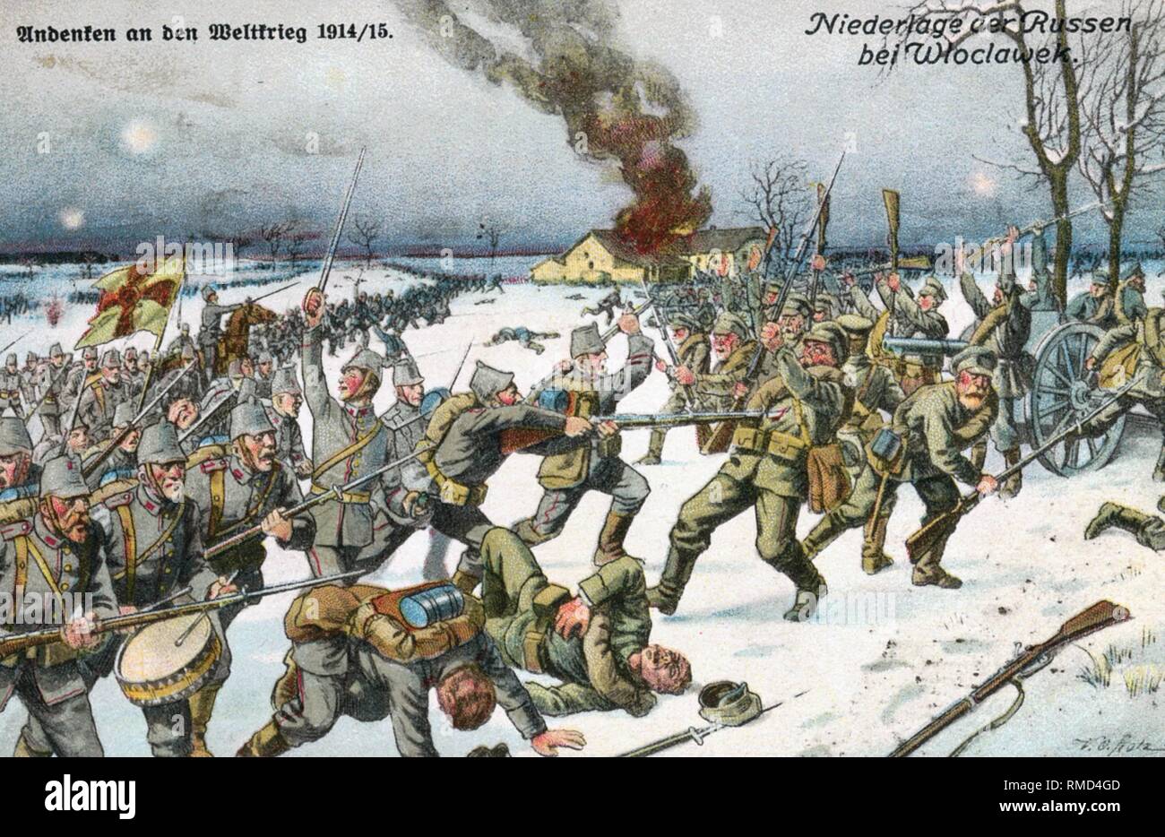 Representation of an attack of German Landsturm soldiers (left) on ...