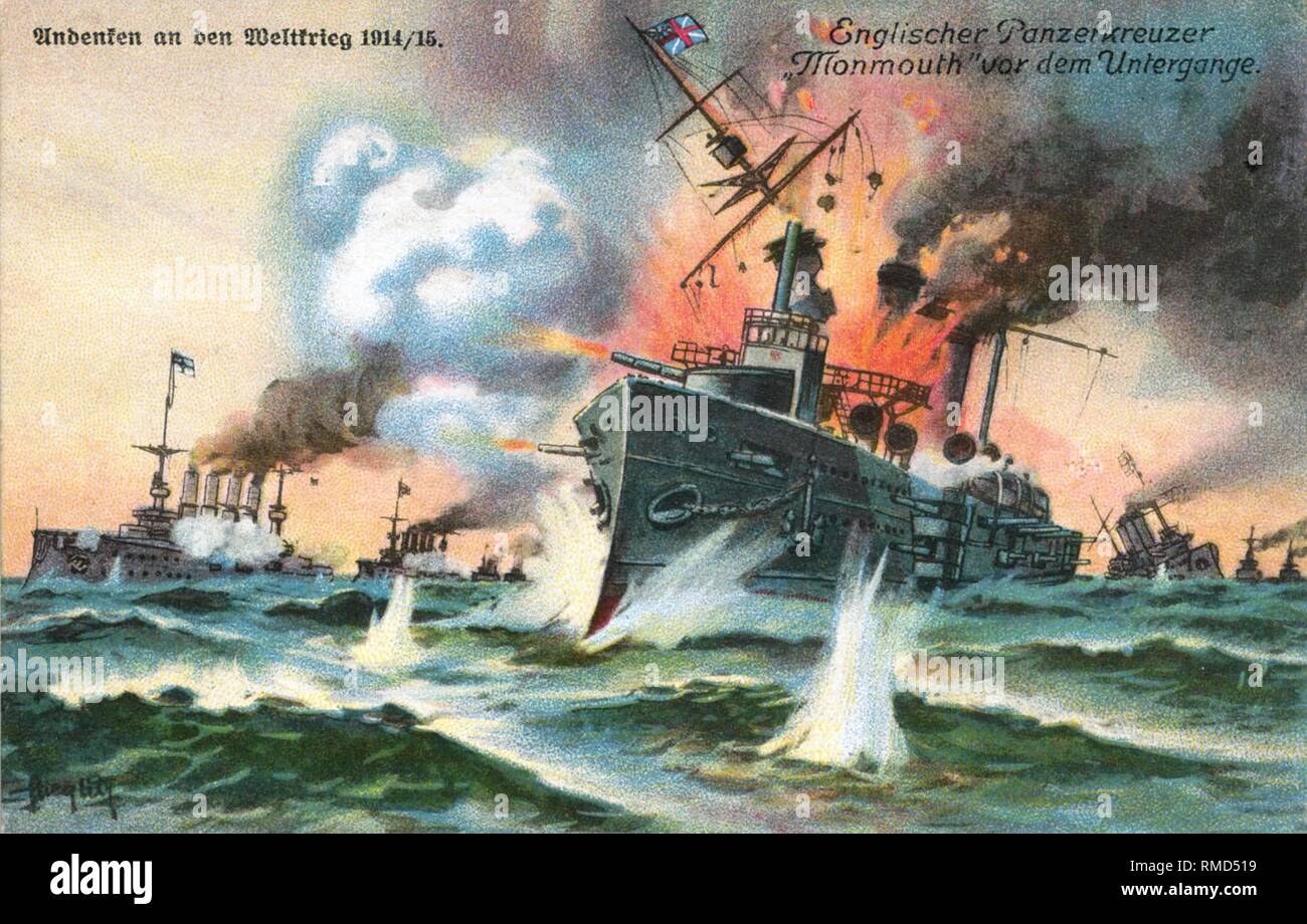 The Monmouth-class cruiser gets hit in the Battle of Coronel ...