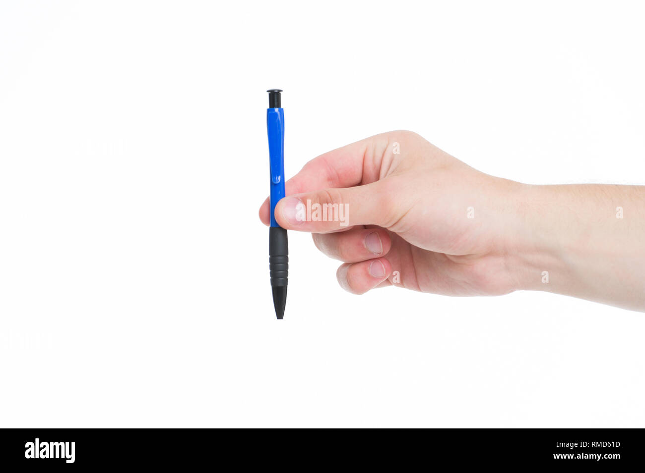 Write down. Pen in male hand isolated on white background. Write note ...