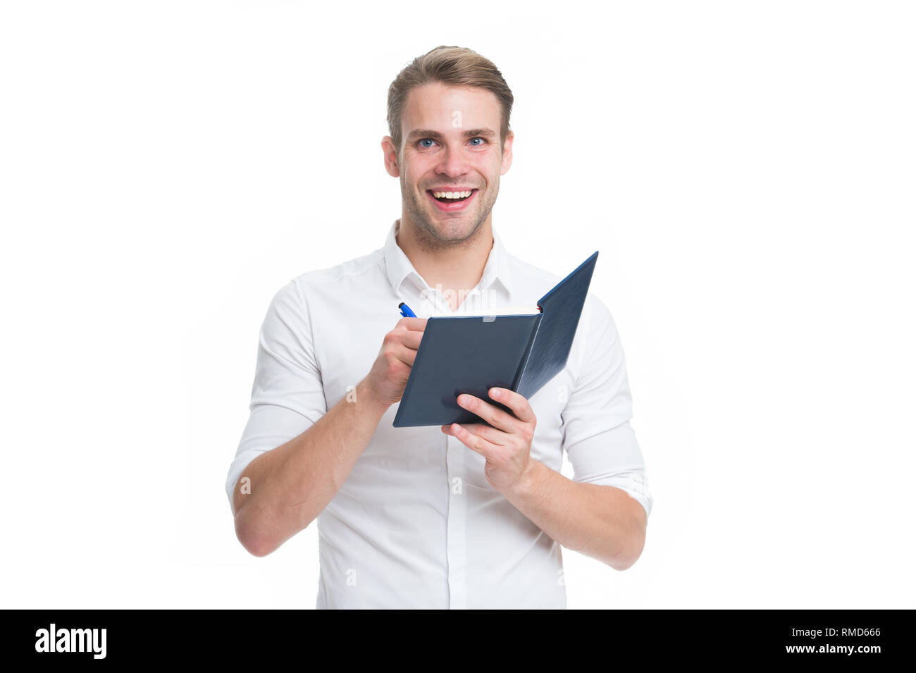 Create daily plan. Man office worker or manager cares about time ...