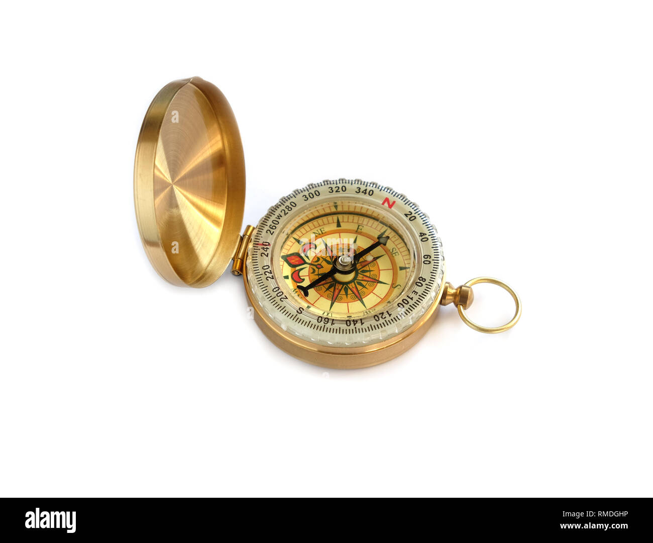 Vintage compass in opened brass case on isolated on white shown to ...