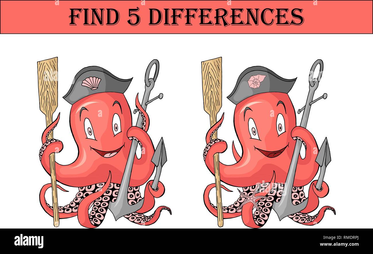 Find five differences. Anchor with octopus cartoon colored character ...
