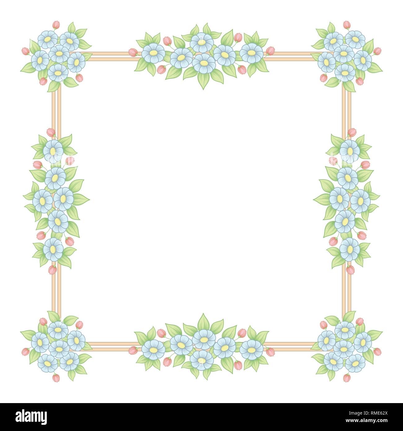 Square wooden frame with floral daisy patterns isolated on white ...