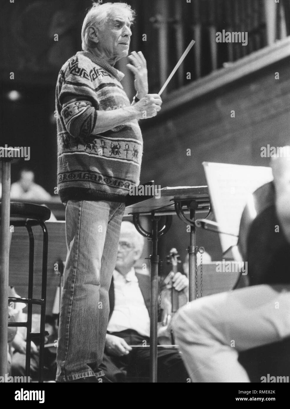 The American composer Leonard Bernstein during a rehearsal with the ...