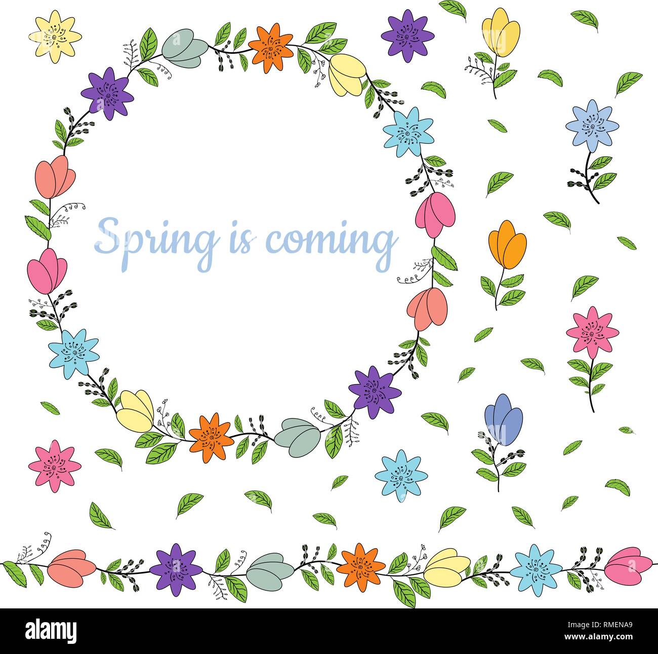 Colorful wreath made from different spring flowers and leaves ...