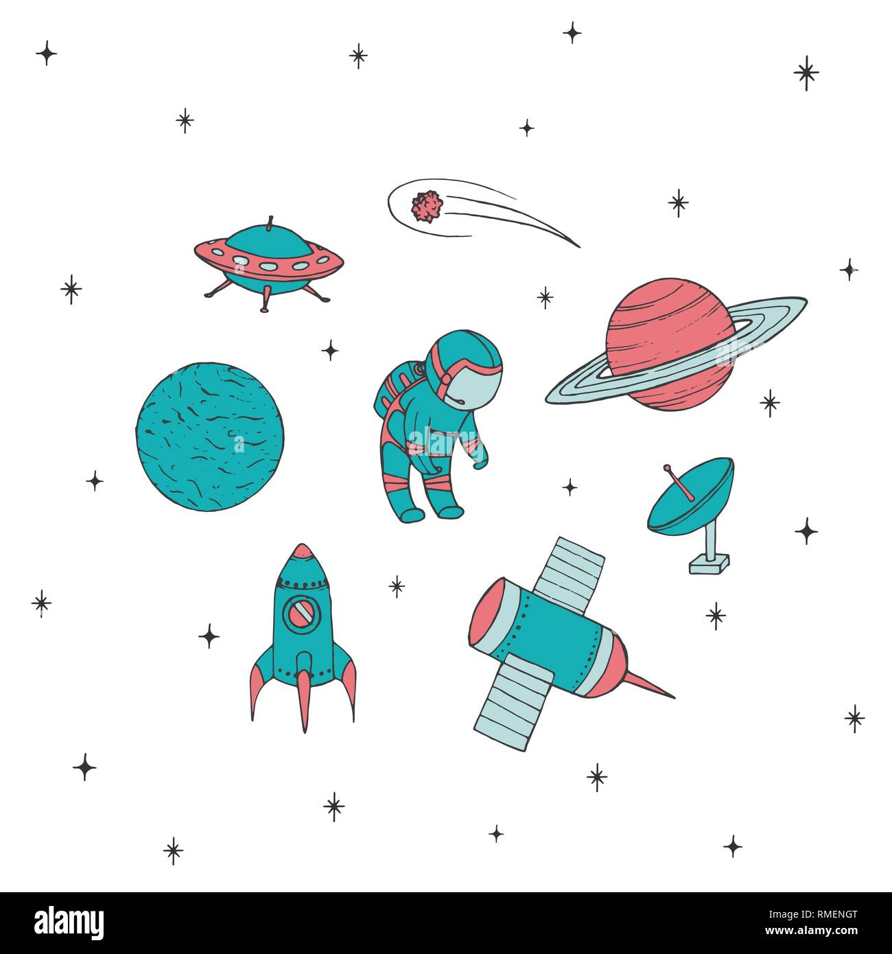 Hand drawn vector space elements: cosmonaut, satelites, rocket, planets ...