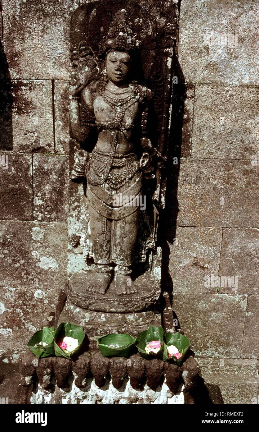 Statue of a Hindu goddess and offerings at her feet in the temple of ...