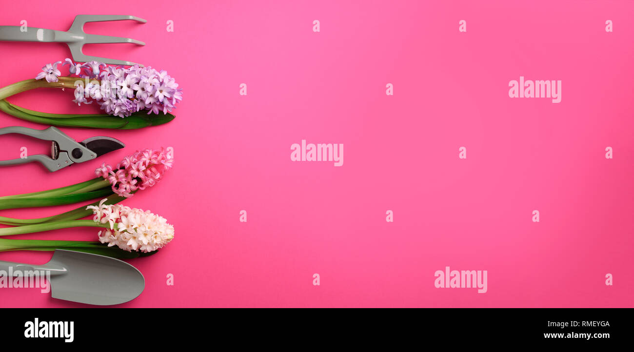 Garden pruner, rake, with flowers on pink punchy pastel background ...