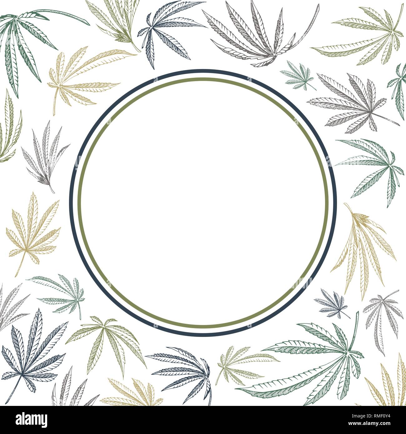 Vector circle frame of hemp plant and cannabis leaves with round ...