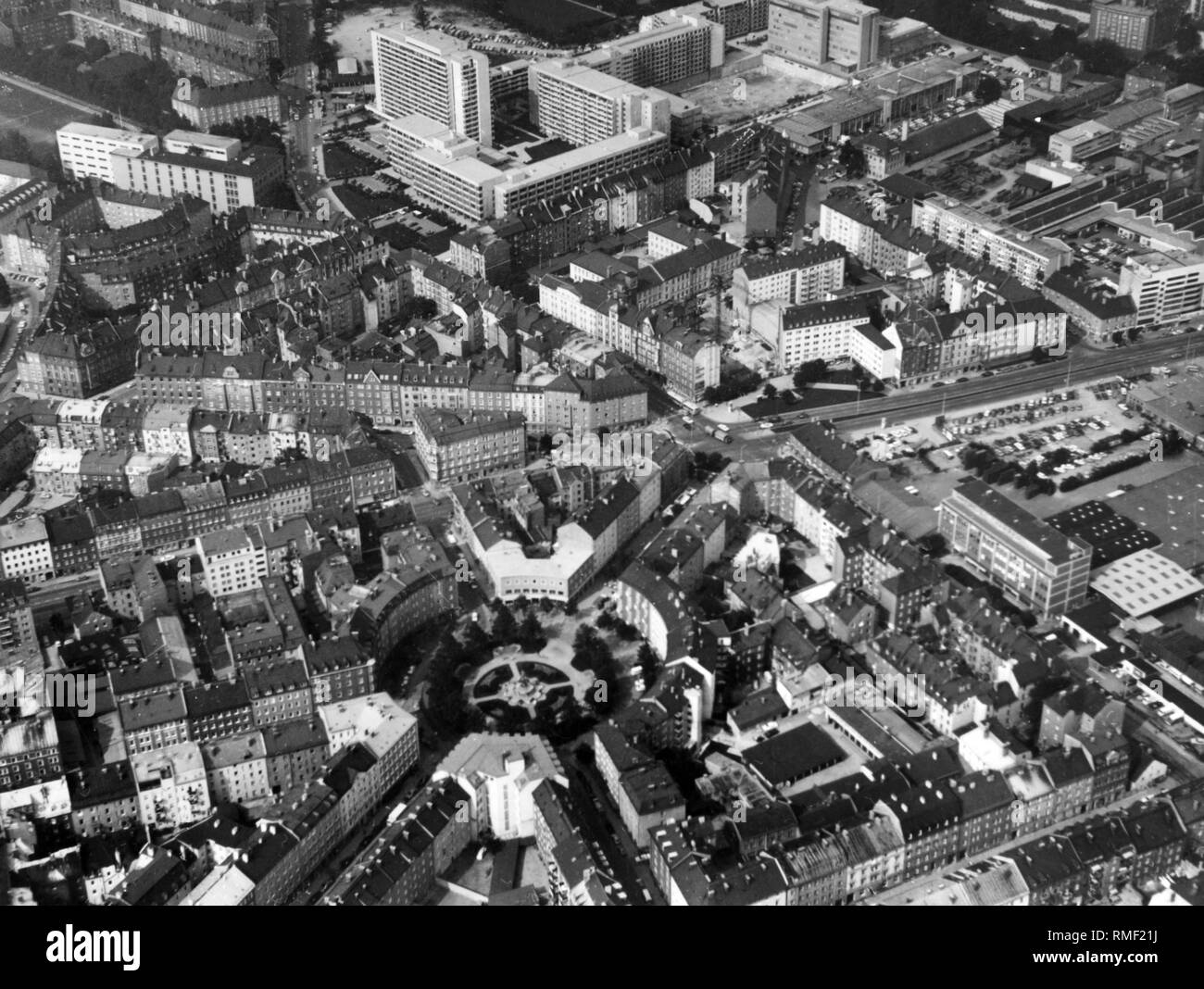 Aerial view of the Munich district of Haidhausen. The round ...