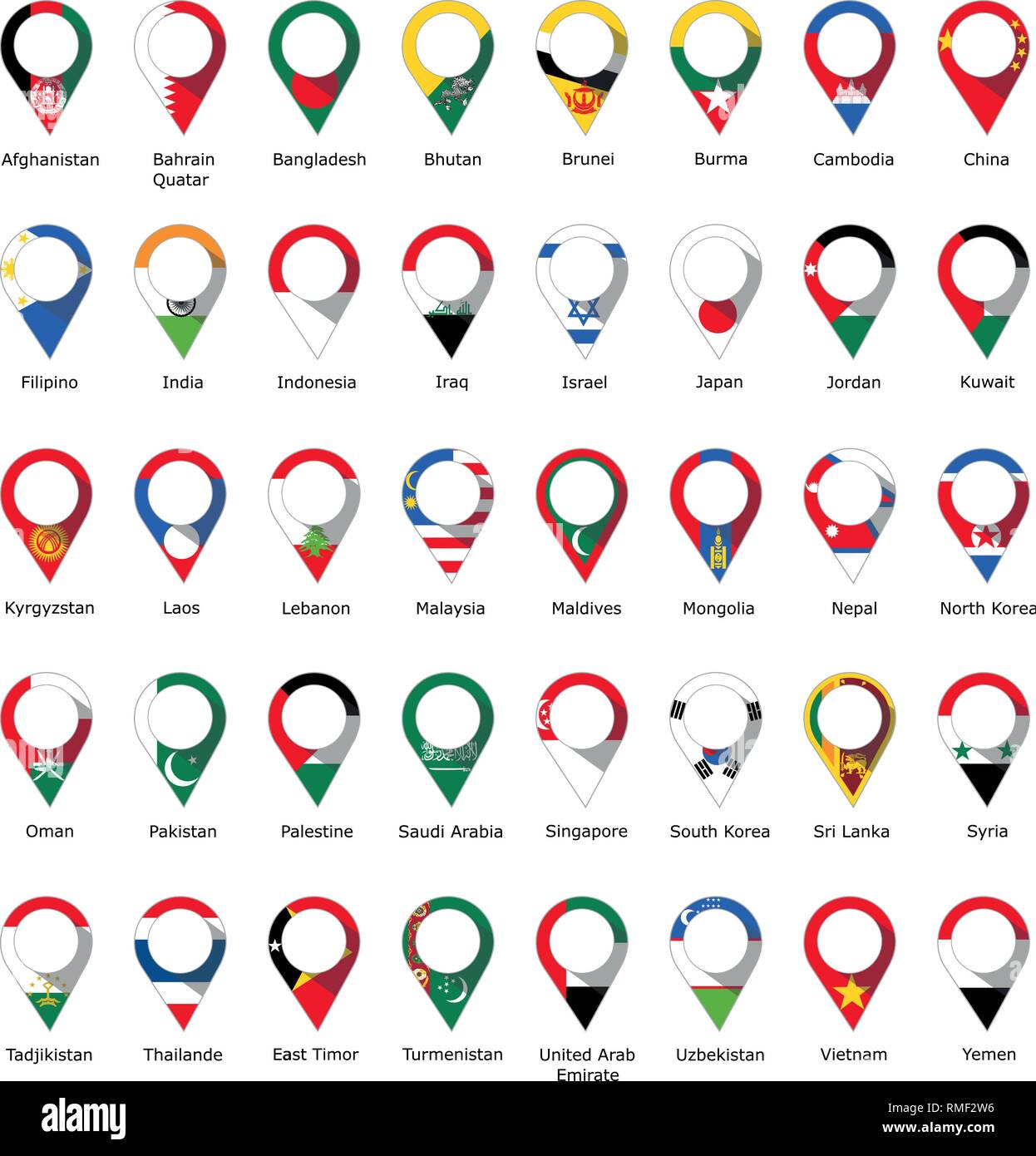 Flags Of Asian Countries With Their Names Set American And Asian