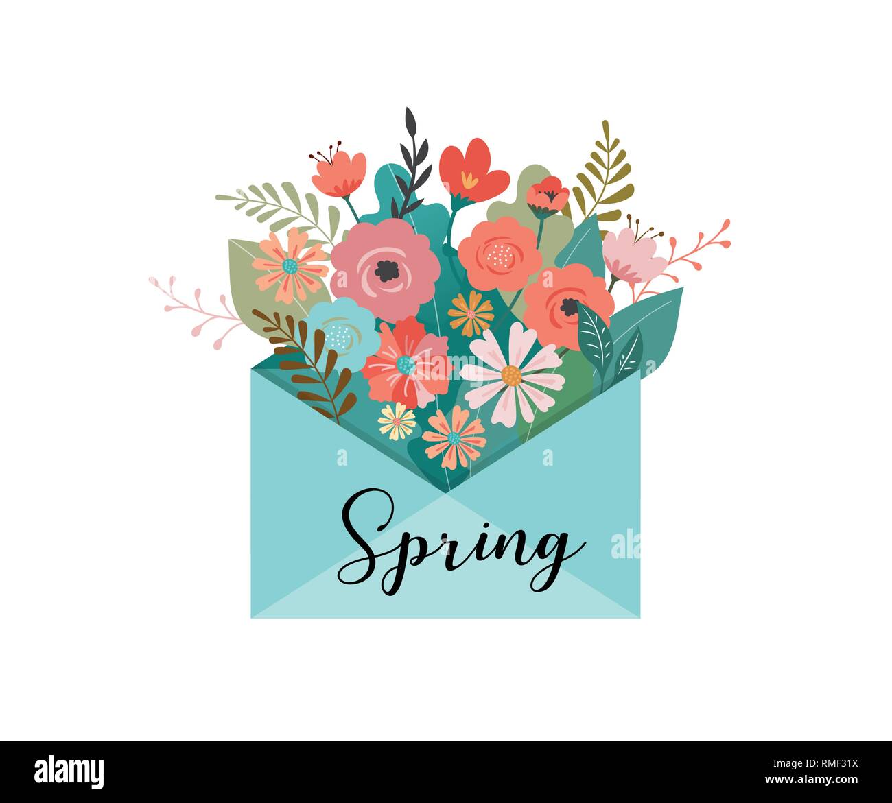Hello spring, letter envelope with flower bouquet, vector illustration ...